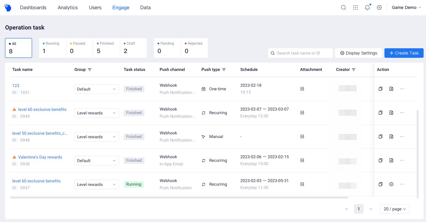 Tasks | ThinkingData